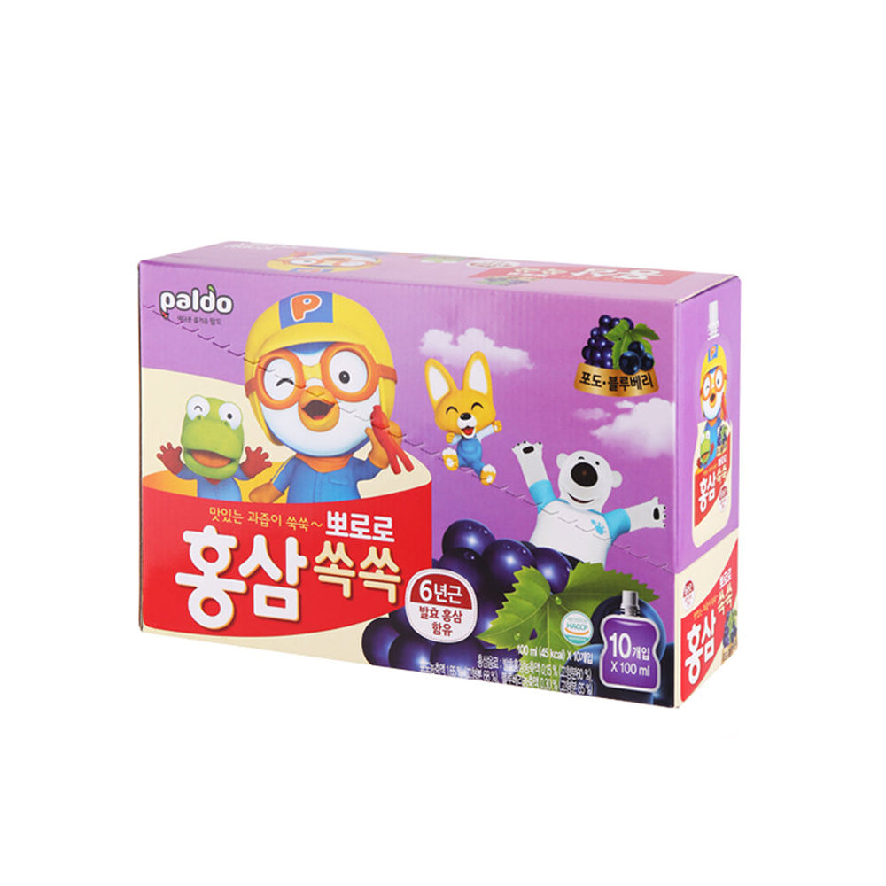 Paldo Pororo Pouch Red Ginseng Grape& b lueberry3.38fl.oz x 10, 팔도 뽀로로 ...