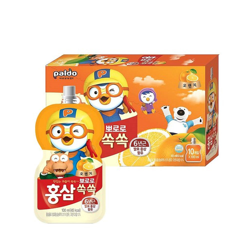 Paldo Pororo Pouch Red Ginseng Orange 3.38fl.oz x 10, 팔도 뽀로로 홍삼 쏙쏙 오렌지 ...